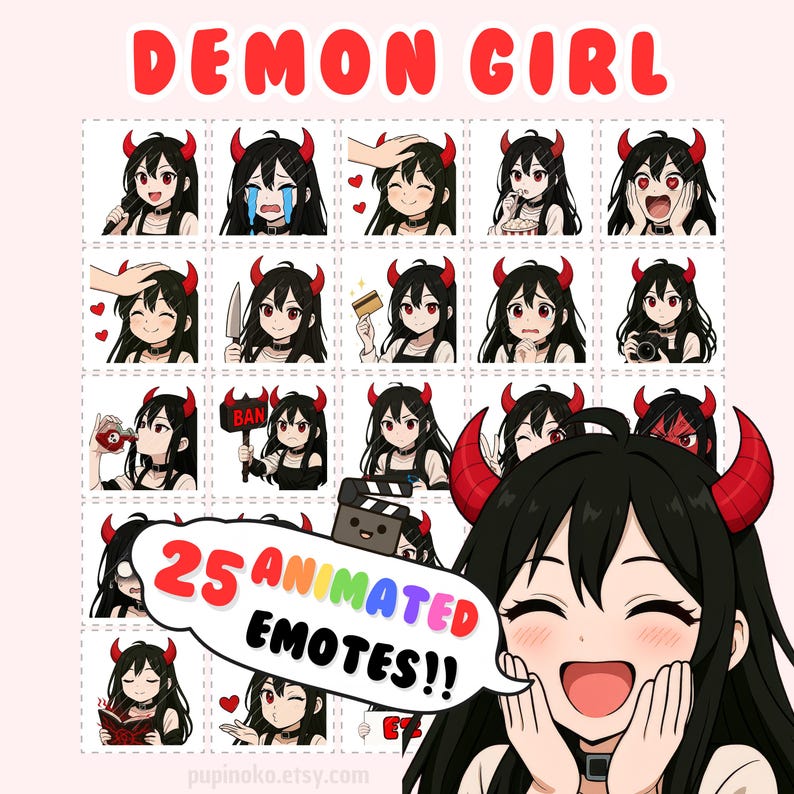 Animated Twitch Emotes, Demon Girl Emotes, Discord Emotes, Black Hair ...