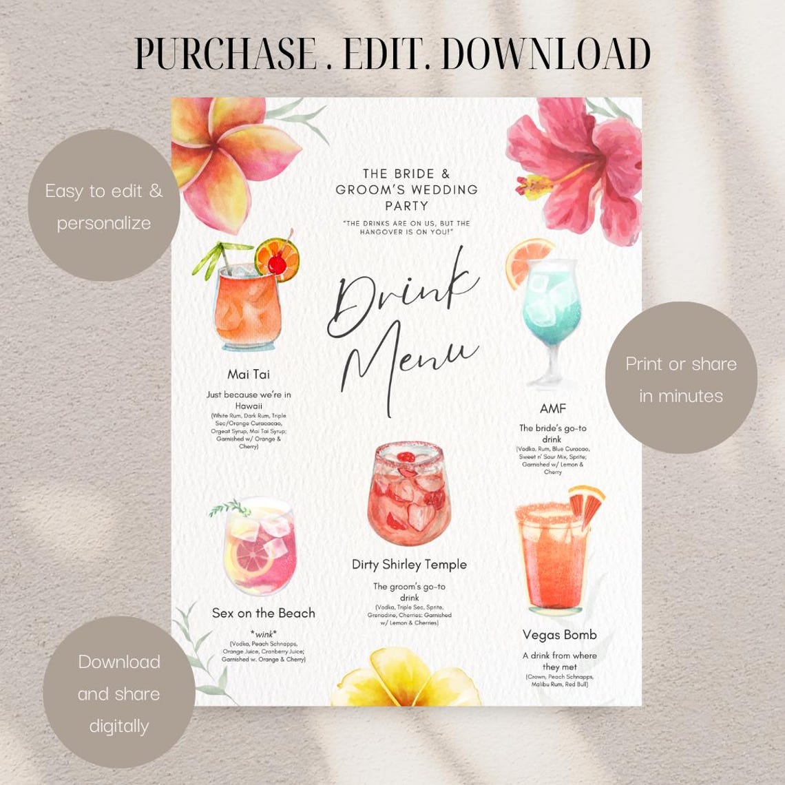 Tropical Wedding Drink Menu Digital Template | Tropical Bar Menu ...
