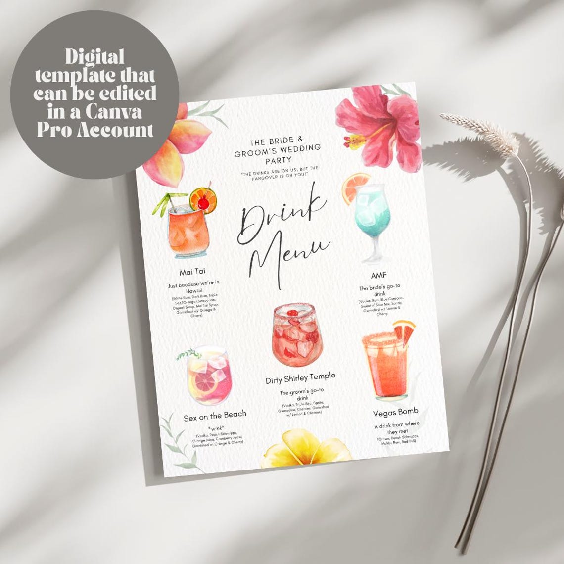 Tropical Wedding Drink Menu Digital Template | Tropical Bar Menu ...