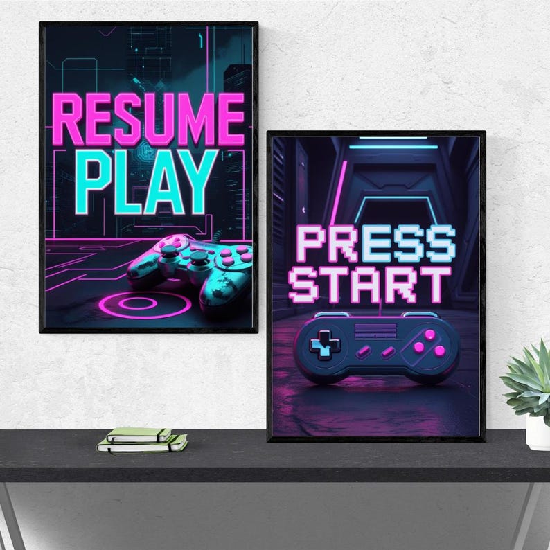 Gamer Wall Art Bundle – Set of 2 Neon Printable Gaming Posters, Digital ...