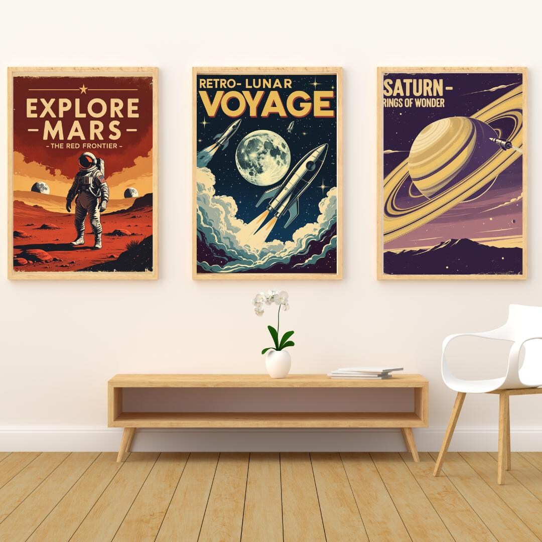 Solar System Poster Bundle – Printable Retro Space Art Set of 3 (moon ...