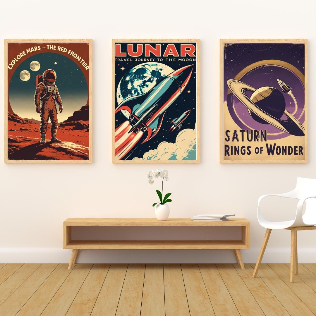 Vintage Planet Poster Set – Lunar, Mars & Saturn Retro Sci-fi Wall Art ...