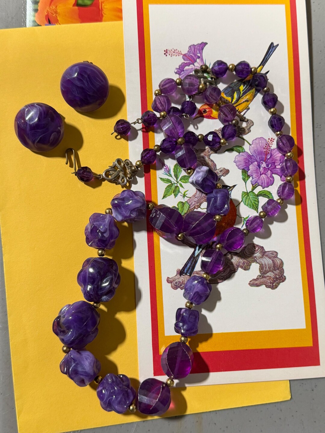 Vintage Purple Lucite? Necklace and Earring Matching Set Filigree Clasp ...