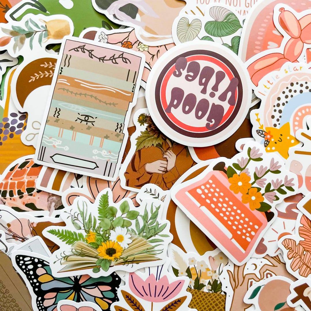 50 Random Boho Aesthetic Stickers, Neutral Aesthetic Stickers, Retro ...