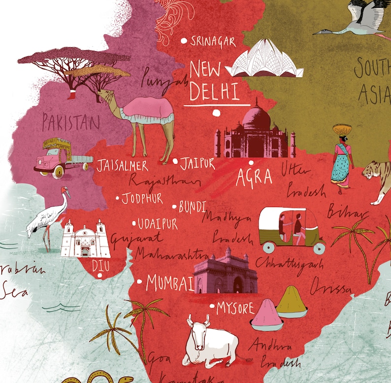 India Map India Art Print India Travel Illustration Poster - Etsy India