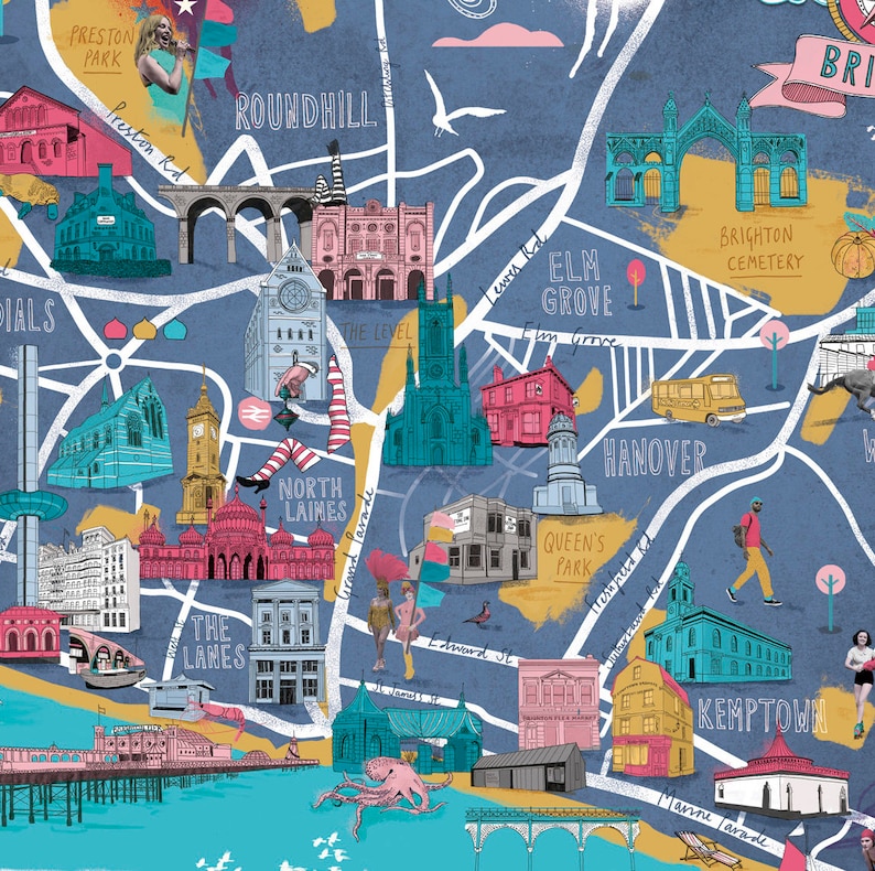 Brighton Map, Brighton Hand Drawn Map Print, Illustrated Map, Brighton ...