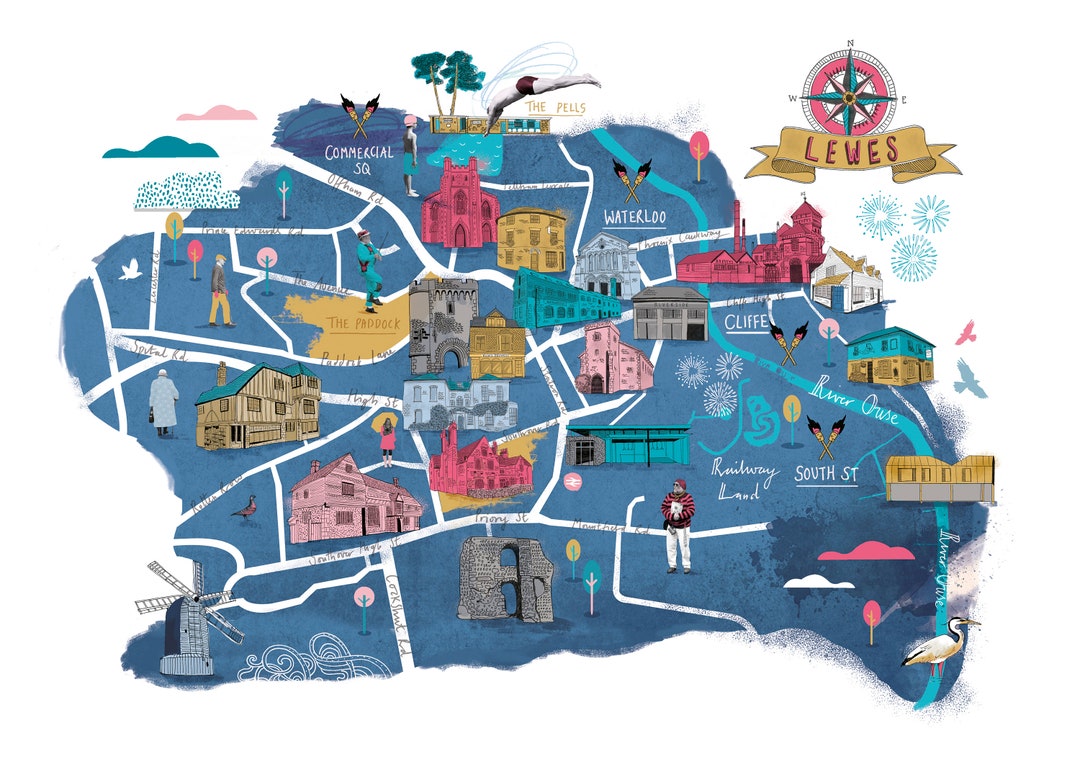 Lewes Map Illustrated Hand Drawn Map of Lewes Lewes Art - Etsy UK