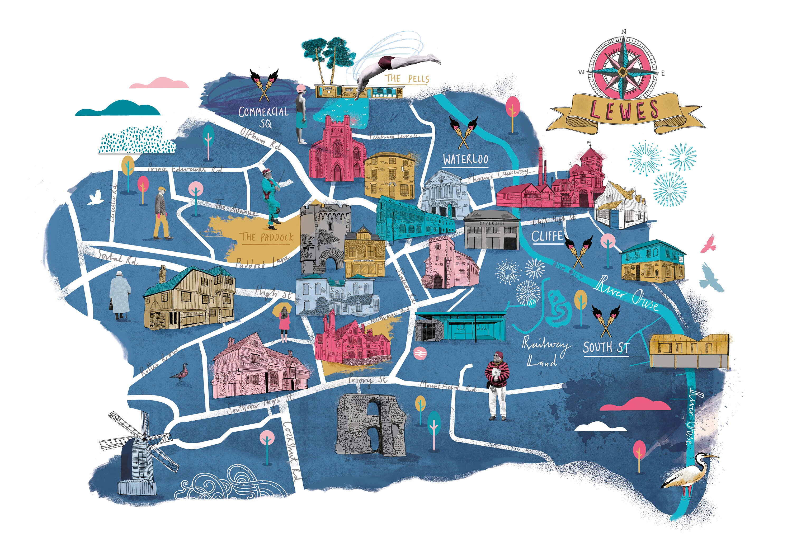 Lewes Map Illustrated Hand Drawn Map of Lewes Lewes Art - Etsy UK