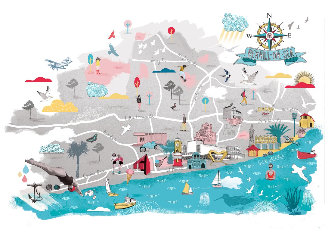 Bexhill-on-sea Map, East Sussex Hand Drawn Map Print, Illustrated Map ...