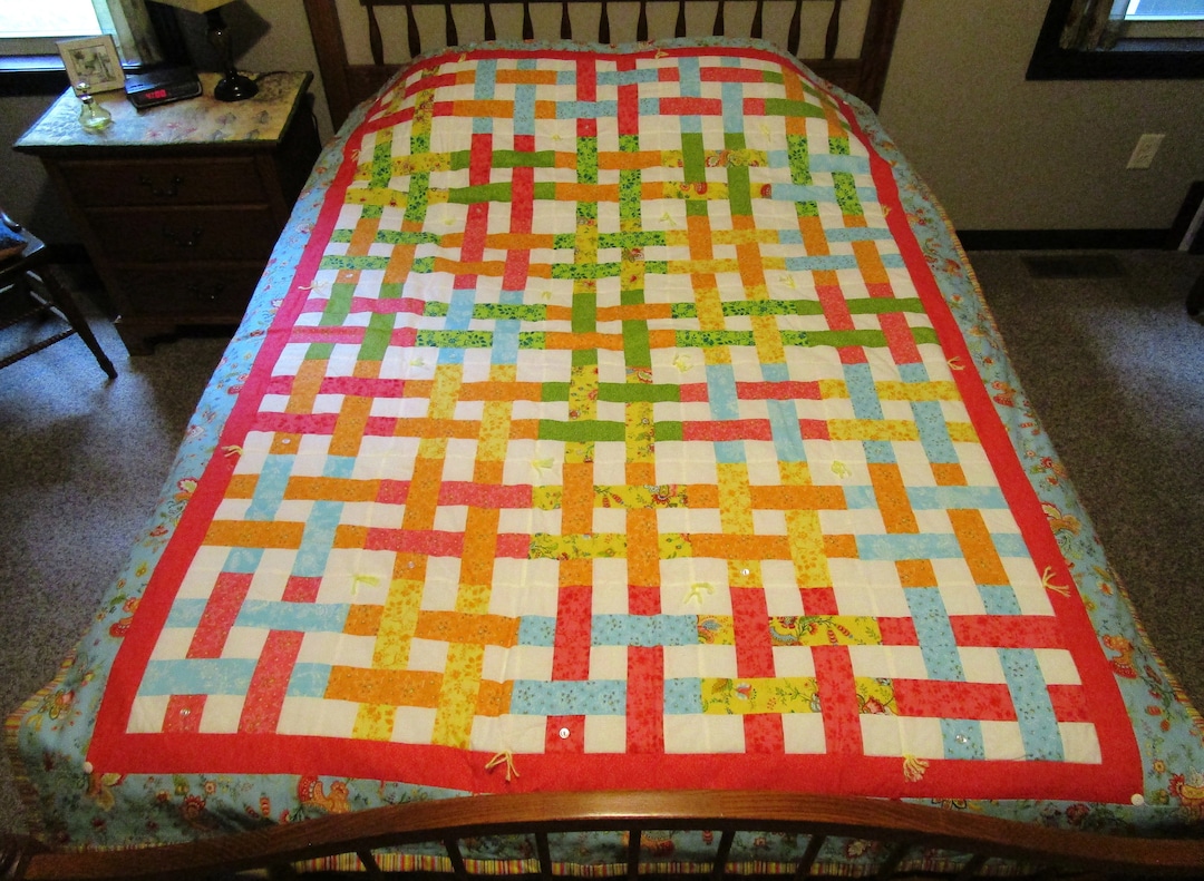 Basket Case Patchwork Quilt, 64” X 81”, Basket Weave, Yarn-tied Throw ...