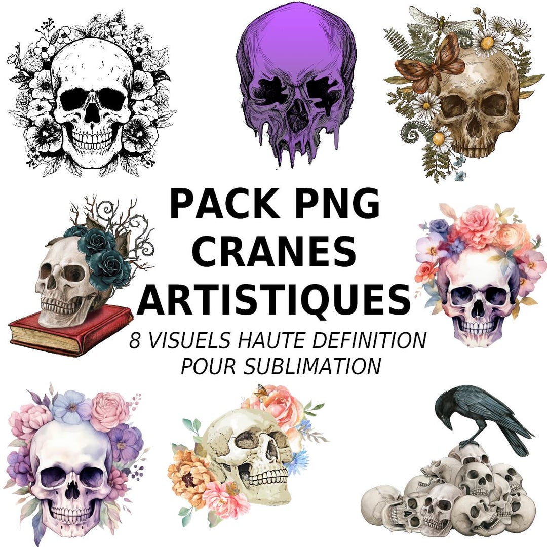 Pack of 8 Artistic Skulls PNG – High Definition Visuals for Sublimation ...