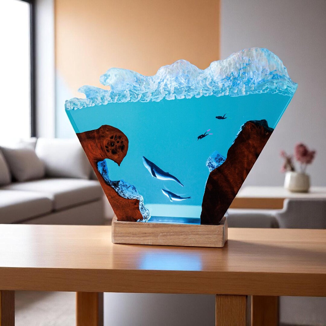 Whale Ocean Wave Resin Lamp, Handmade Epoxy Sea Light With Wood Base ...