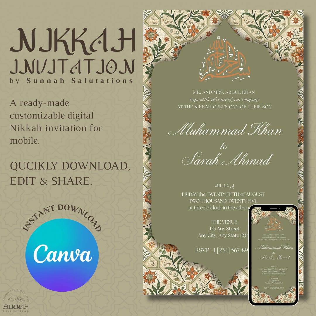 Mobile Nikkah Walima Invite | Green With Indian Floral Motif - Etsy