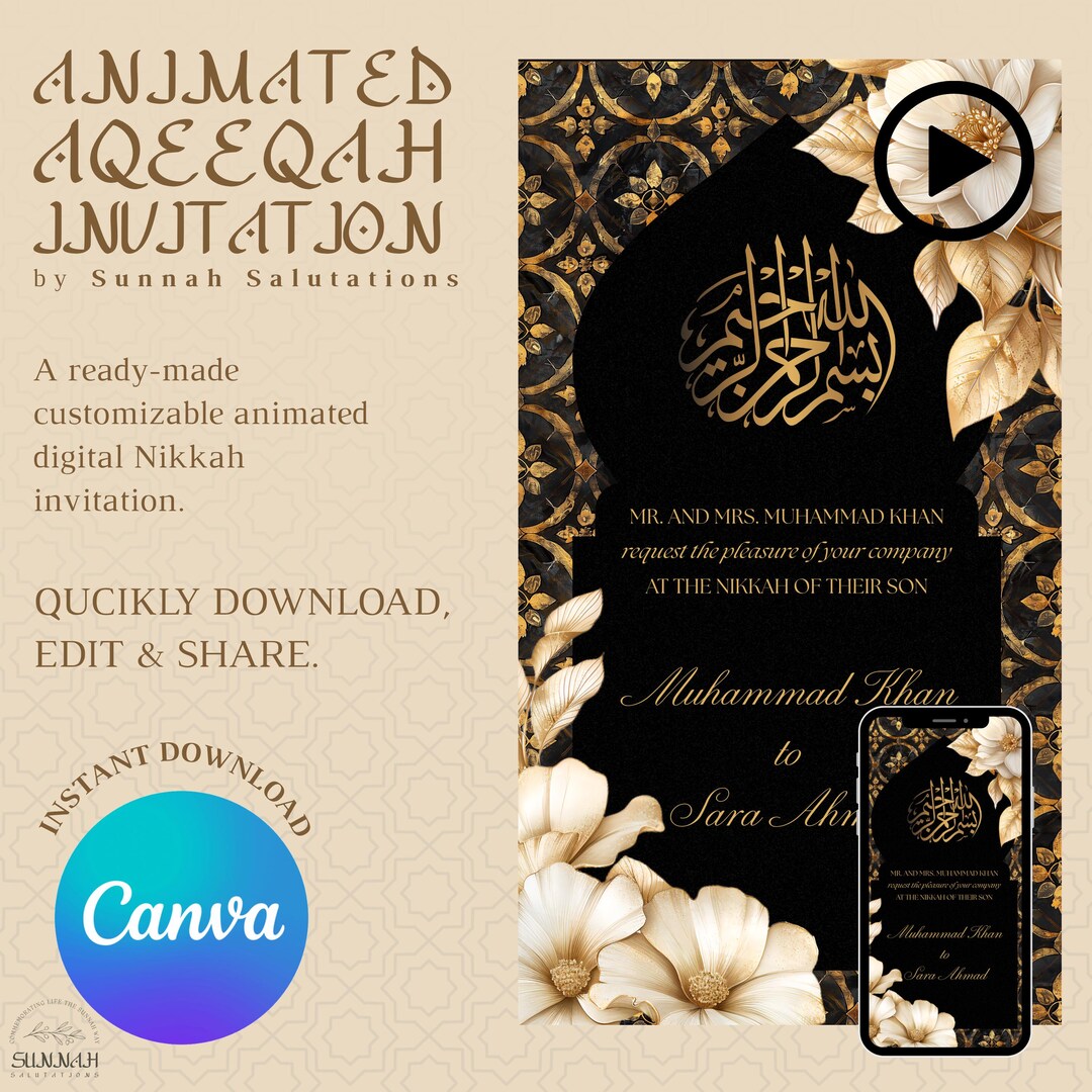 Mobile Nikkah Walima Invite | Black With Gold Arabesque Motif and White ...