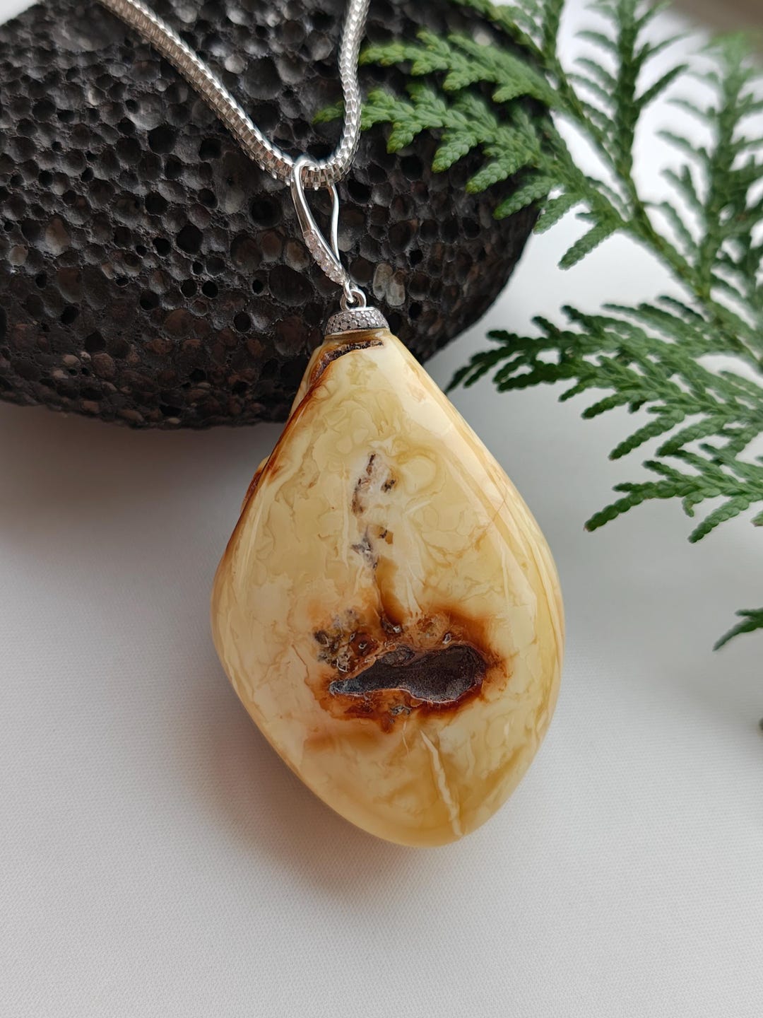Large Amber Pendant, Milky Stone Statement Necklace, Baltic Amber ...