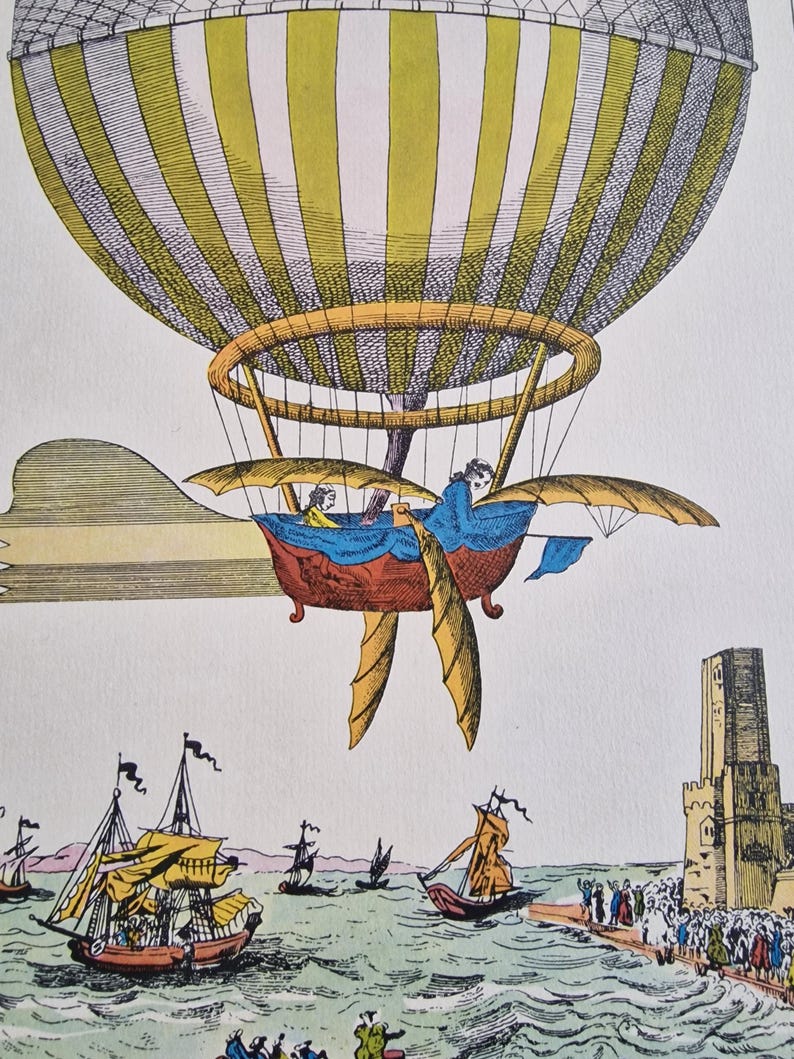 Original Large Hot Air Balloon Print 1956, First Channel Crossing by ...