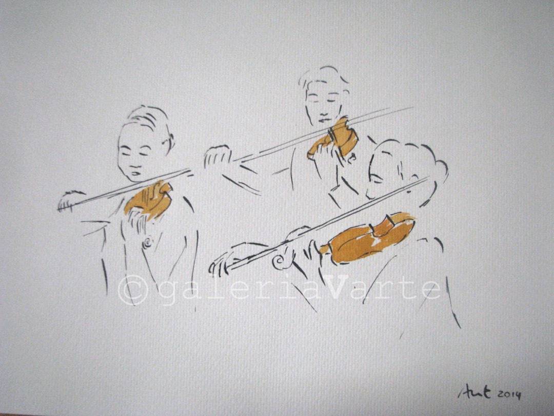 Original Ink and Watercolor Drawing - Violin Concert ...