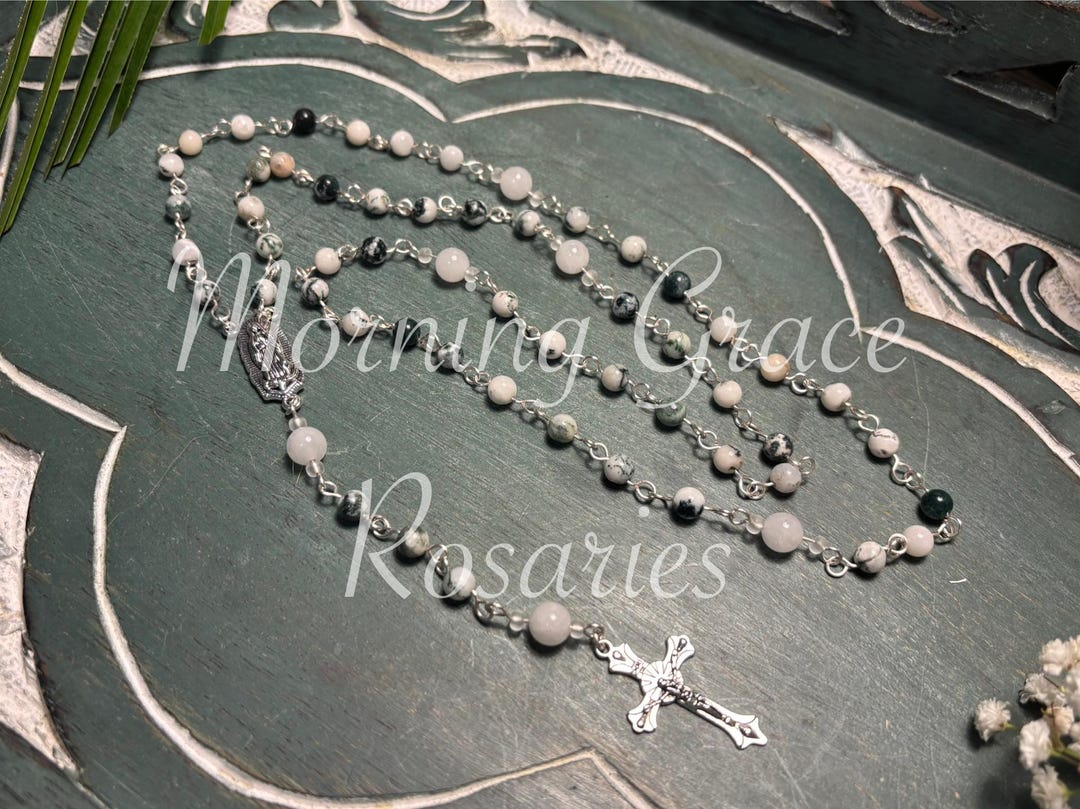 Green Rosary: Natural Stone Rosary With White Jade and Tree Agate ...