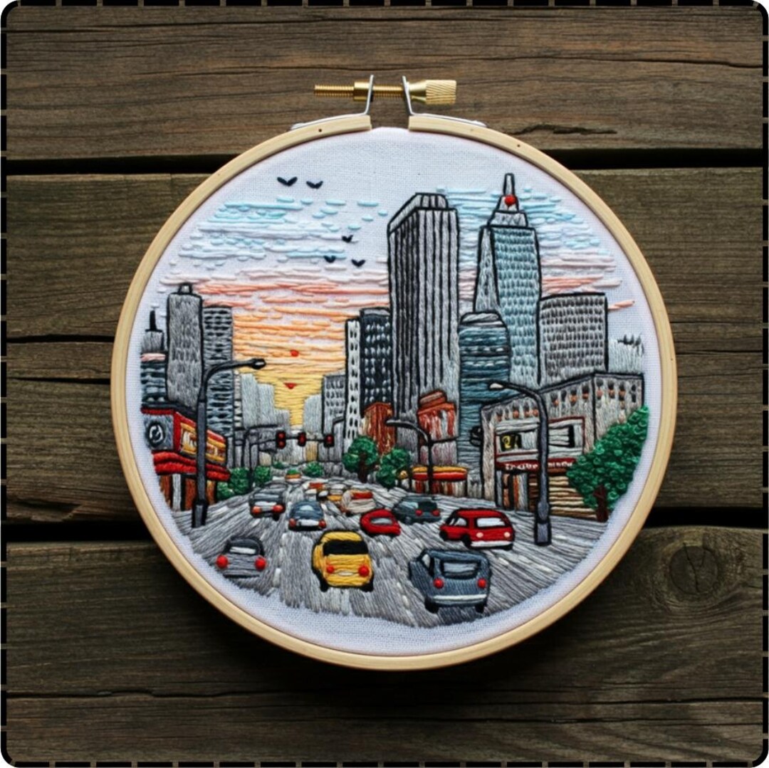 Bustling Cityscape Embroidery Pattern, Cityscape Hand Embroidery Design ...