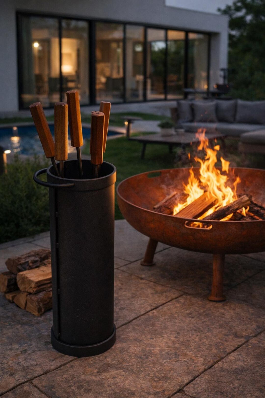 Modern Steel Fireplace Tool Set With Wooden Handles, Freestanding ...
