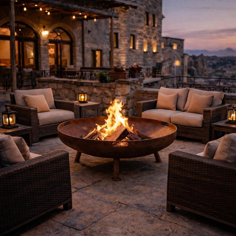 Rusted Steel Outdoor Fire Pit Bowl With Grill, Heavy Steel Garden Fire ...