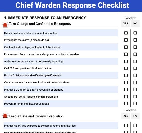 Chief Warden Emergency Checklist: Fire Safety Plan, AS 3745 (PDF ...