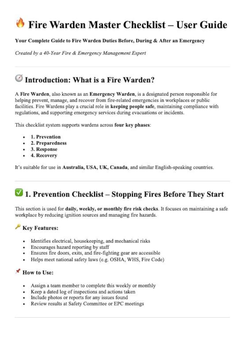Fire Warden Master Checklist | Emergency Safety Plan | Google Sheets ...