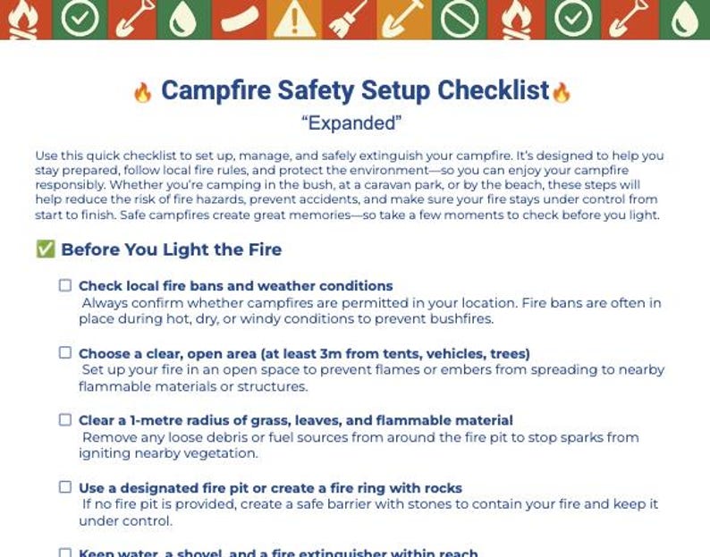 Campfire Safety Checklist – Setup, Shutdown & Fire Ban Rules | Printable - Etsy