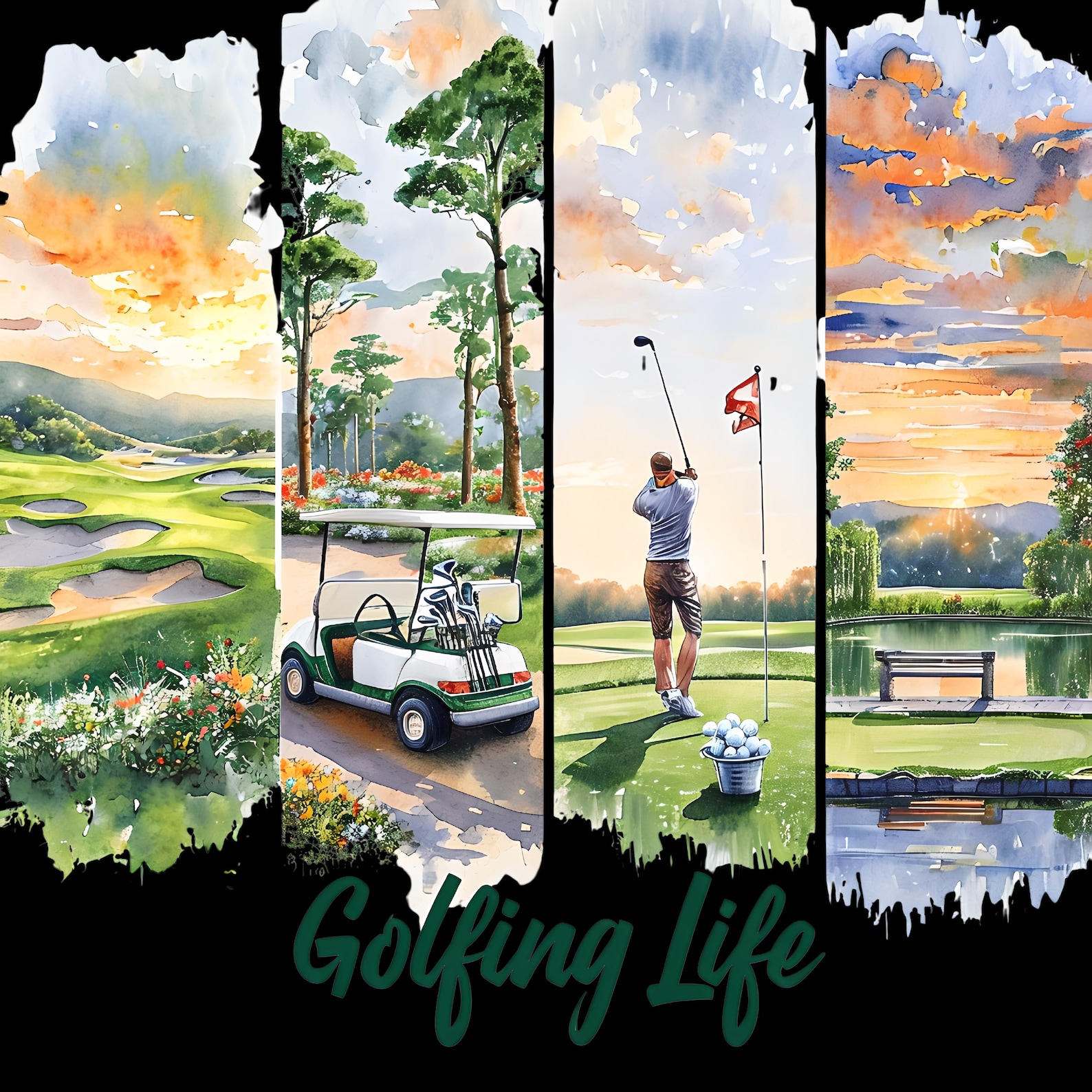 Golfing Watercolor Art Print: 4-section Golf Scene (digital Download ...