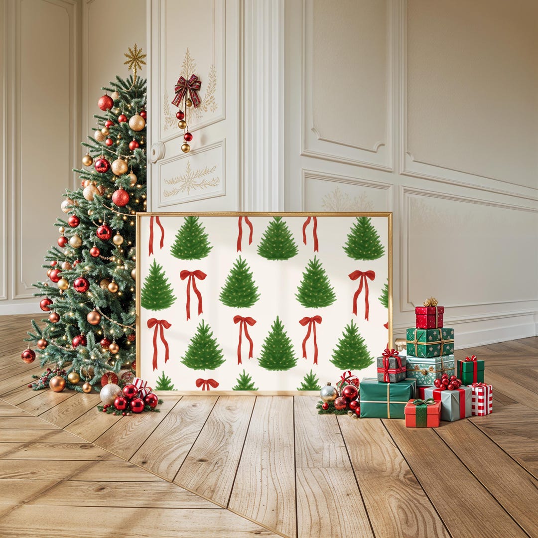 Christmas Tree and Bow Wall Art | Red Green Holiday Print, Cozy ...