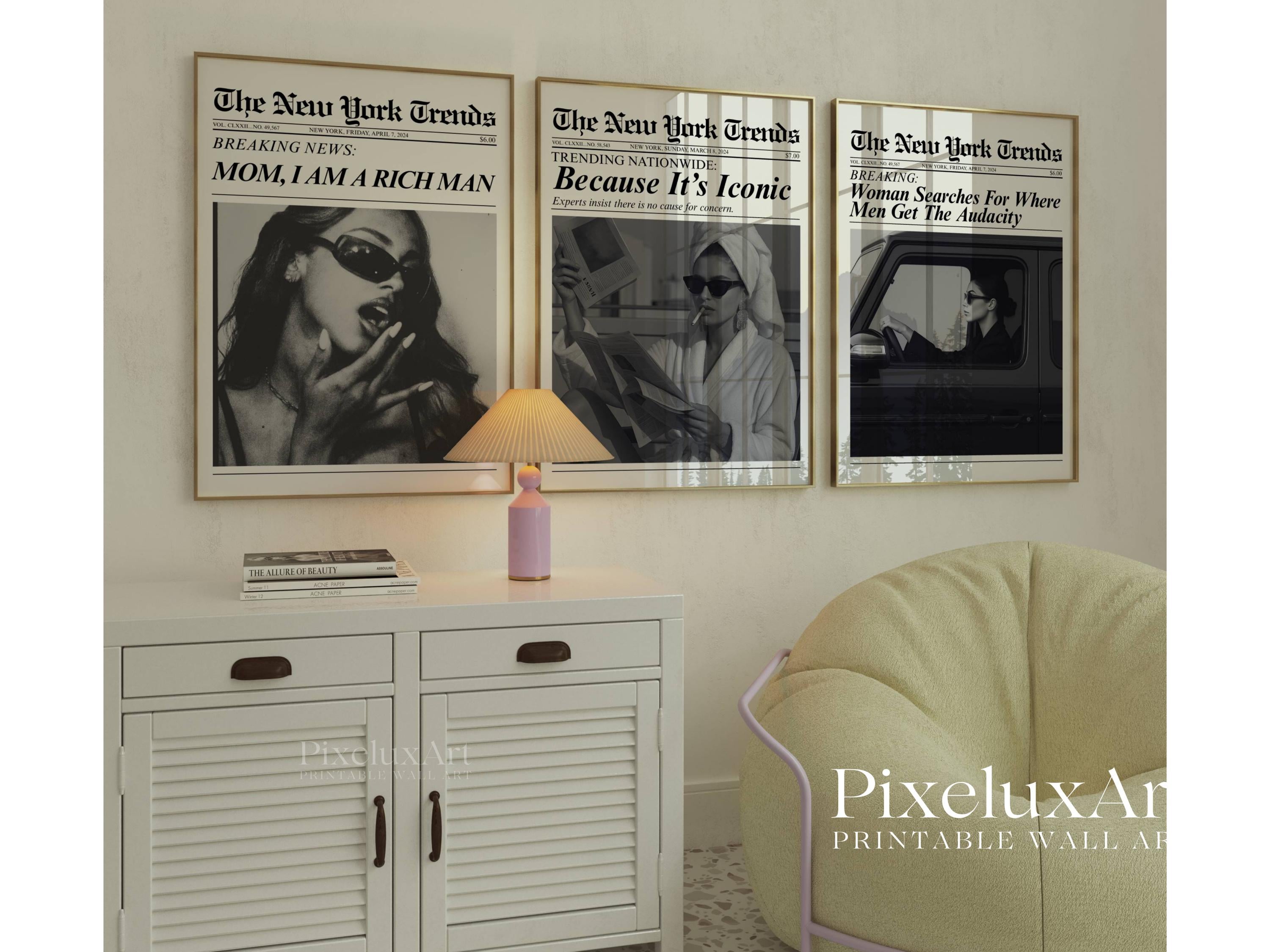 Set of 6 Trendy Newspaper Print – Girly Wall Art, Retro Dorm Room Decor ...