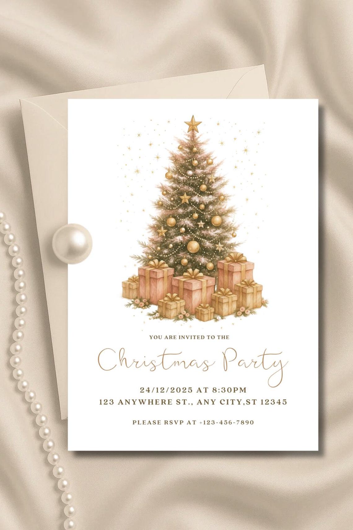 Gold Christmas Party Invitation: Elegant Tree, Presents (canva Digital ...