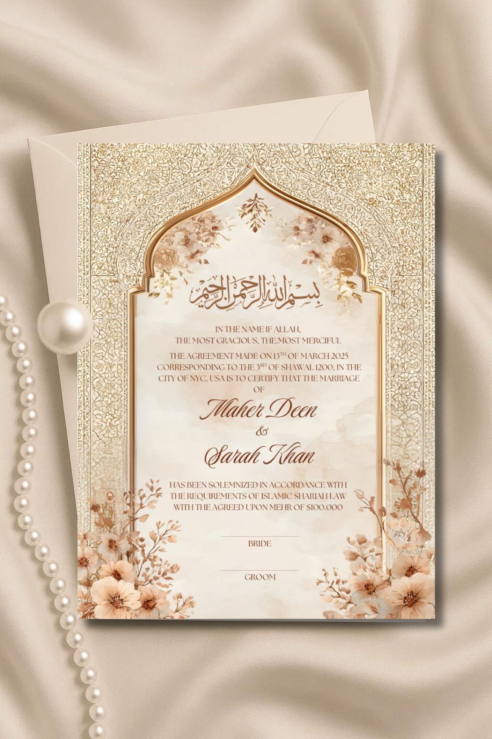 Neutral Nikkah Nama Template, Editable Islamic Wedding Certificate ...