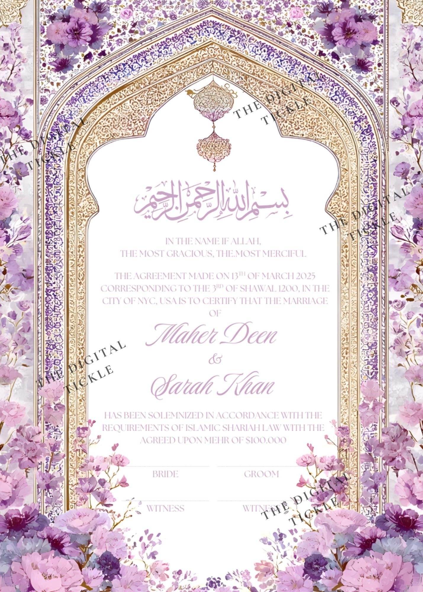 Purple Nikkah Contract Template, Editable Islamic Wedding Certificate ...