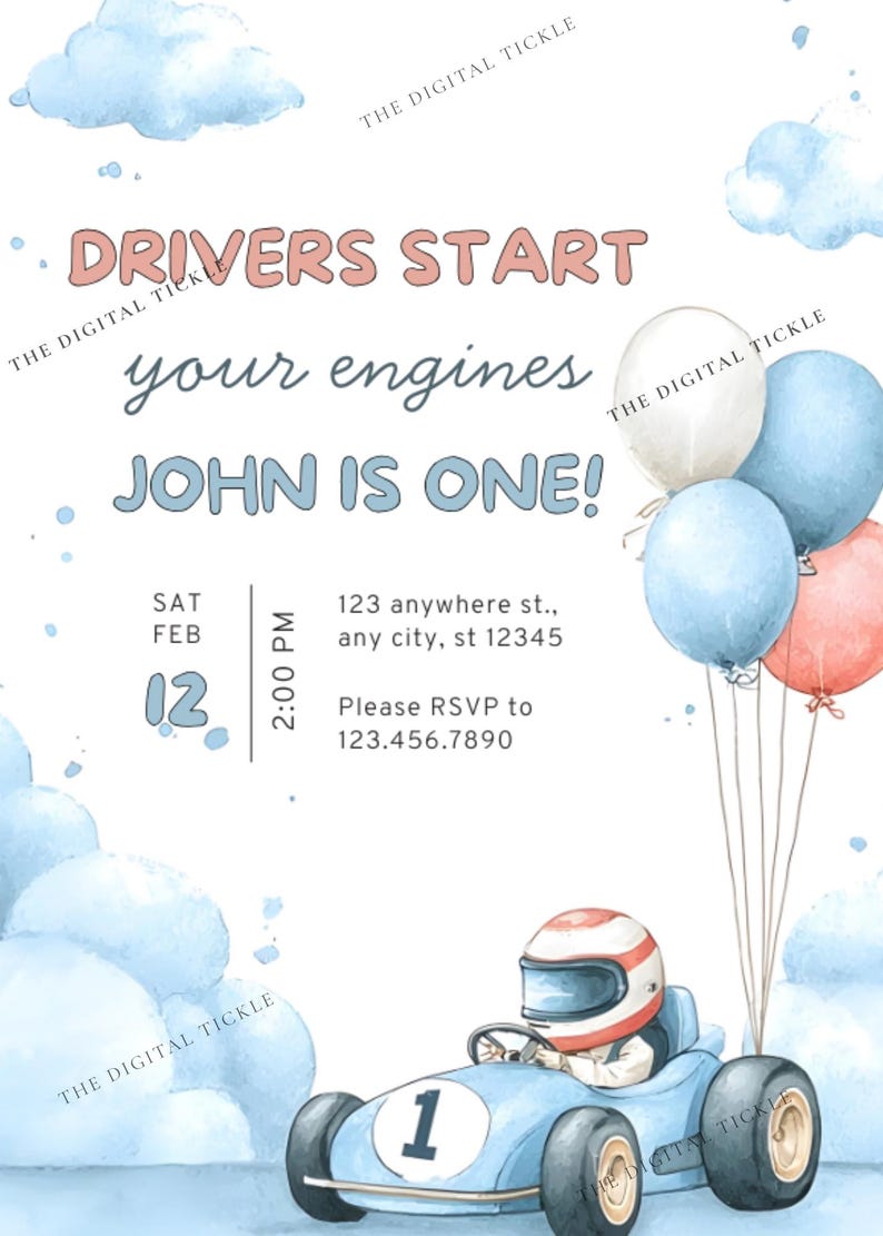 Watercolor Race Car Birthday Invitation, Boys Racing Party (digital ...
