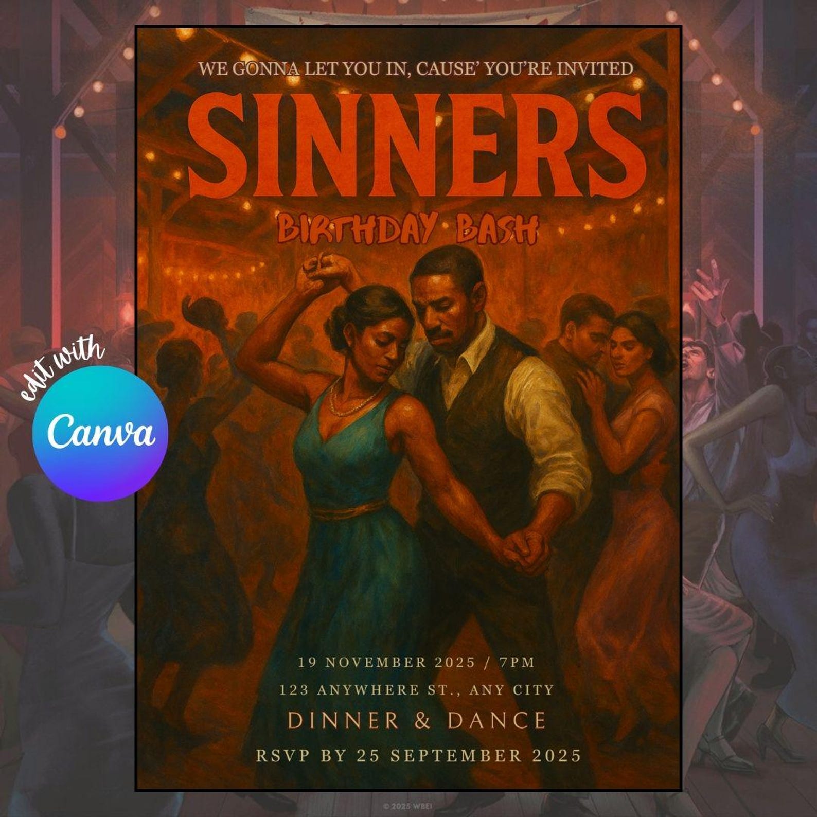 Sinners Movie Birthday Invitation, Retro Horror Theme (canva Template ...