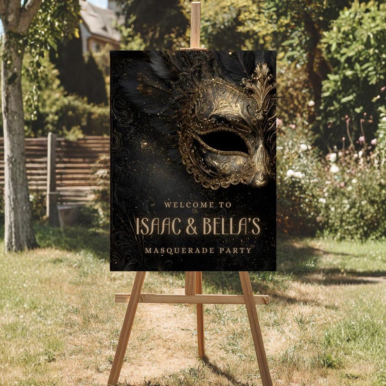 Black & Gold Masquerade Party Welcome Sign (editable Canva Template) - Etsy