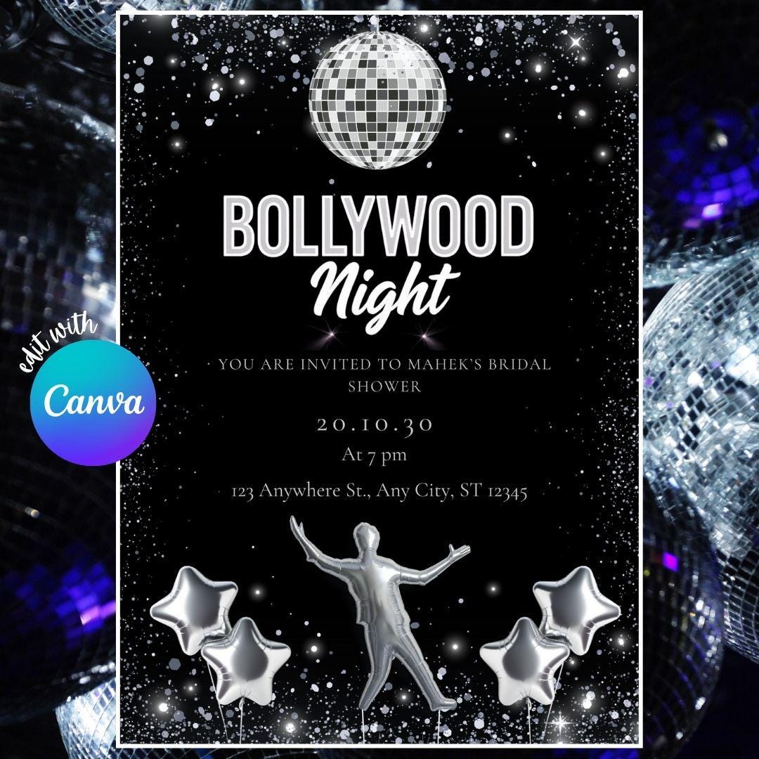 Bollywood Theme Birthday Party Invitation, Canva Editable Template ...