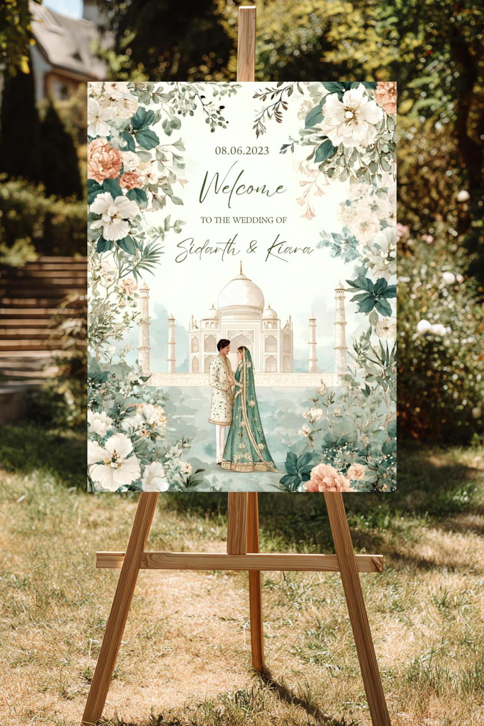 Taj Mahal Indian Wedding Welcome Sign, Royal Greenery (editable Canva ...