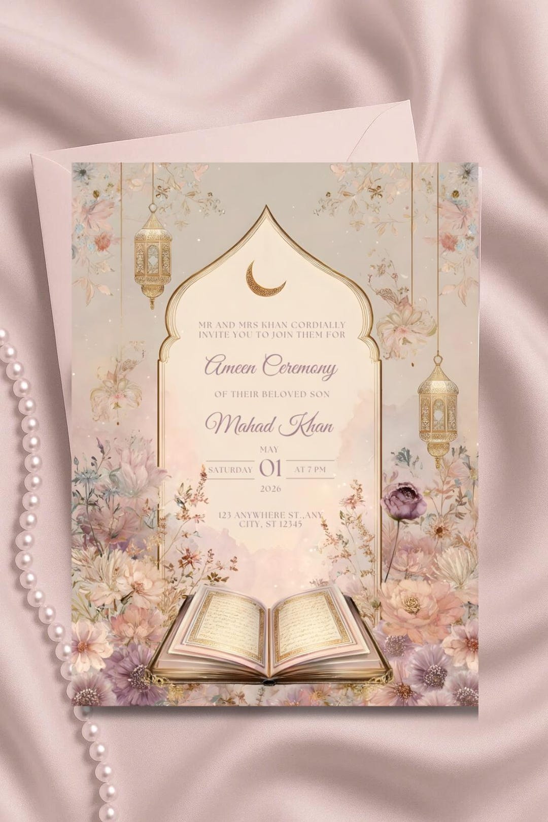 Islamic Ameen Ceremony Invitation, Editable Mubarak Card (canva ...