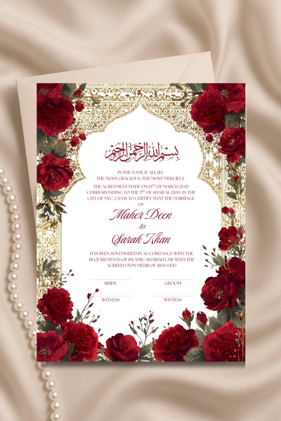 Red and Gold Nikkah Contract Template, Editable Islamic Wedding ...