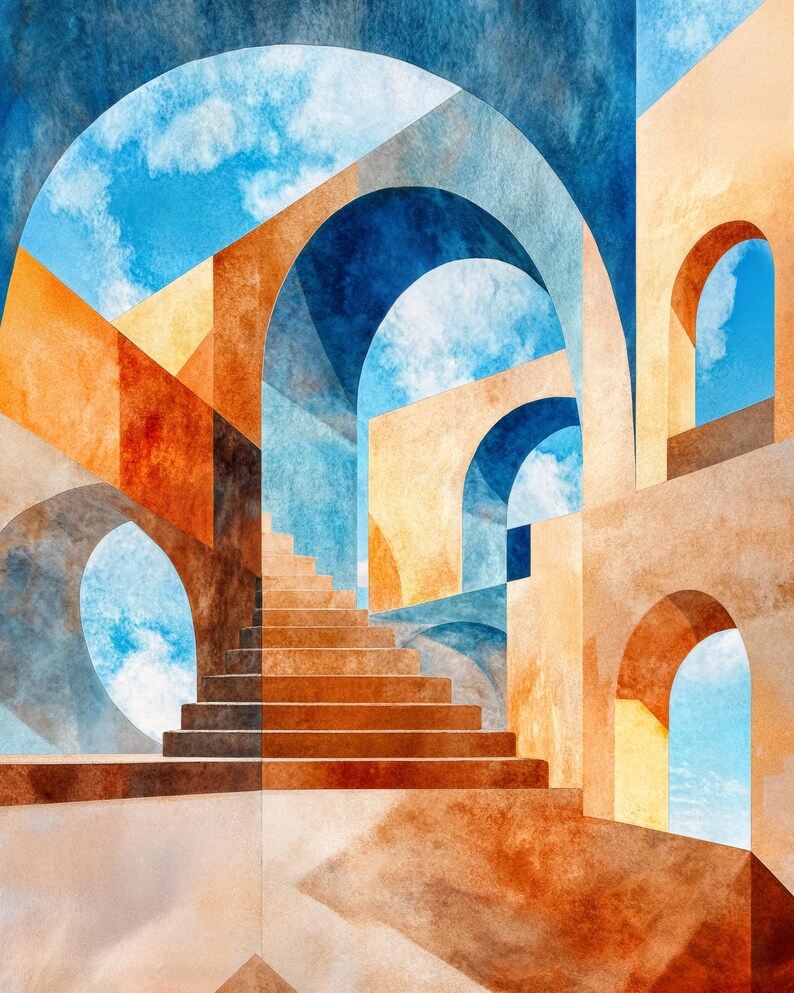 Surreal Staircase Wall Art Set – Modern Dreamscape Architecture Prints ...