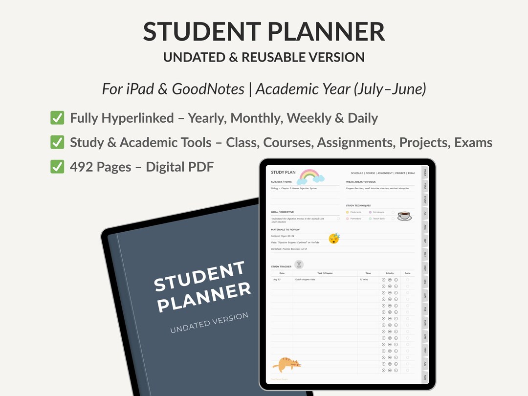 Undated Student Digital Planner for Ipad, Reusable Academic PDF for ...