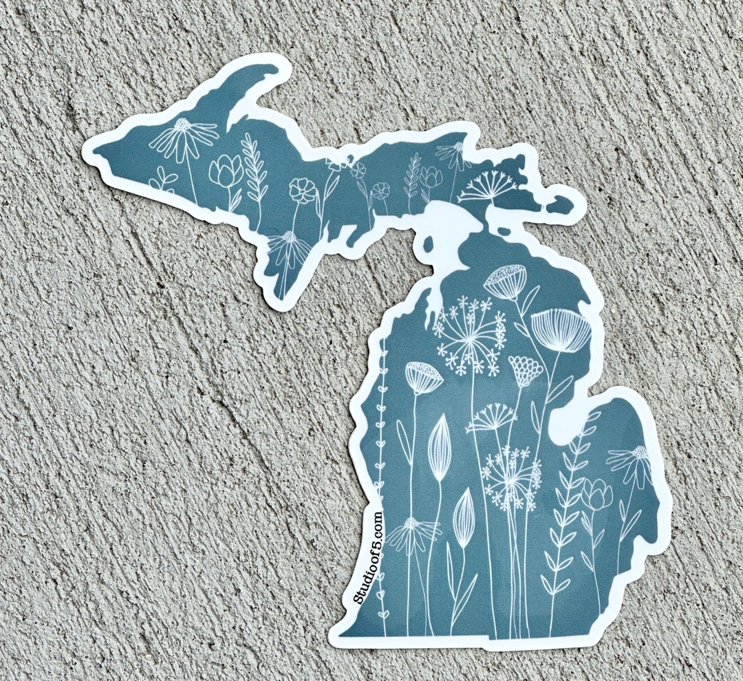 Large, Michigan Car Sticker, Blue Flowers, Hand Drawn, Car Decal, State ...