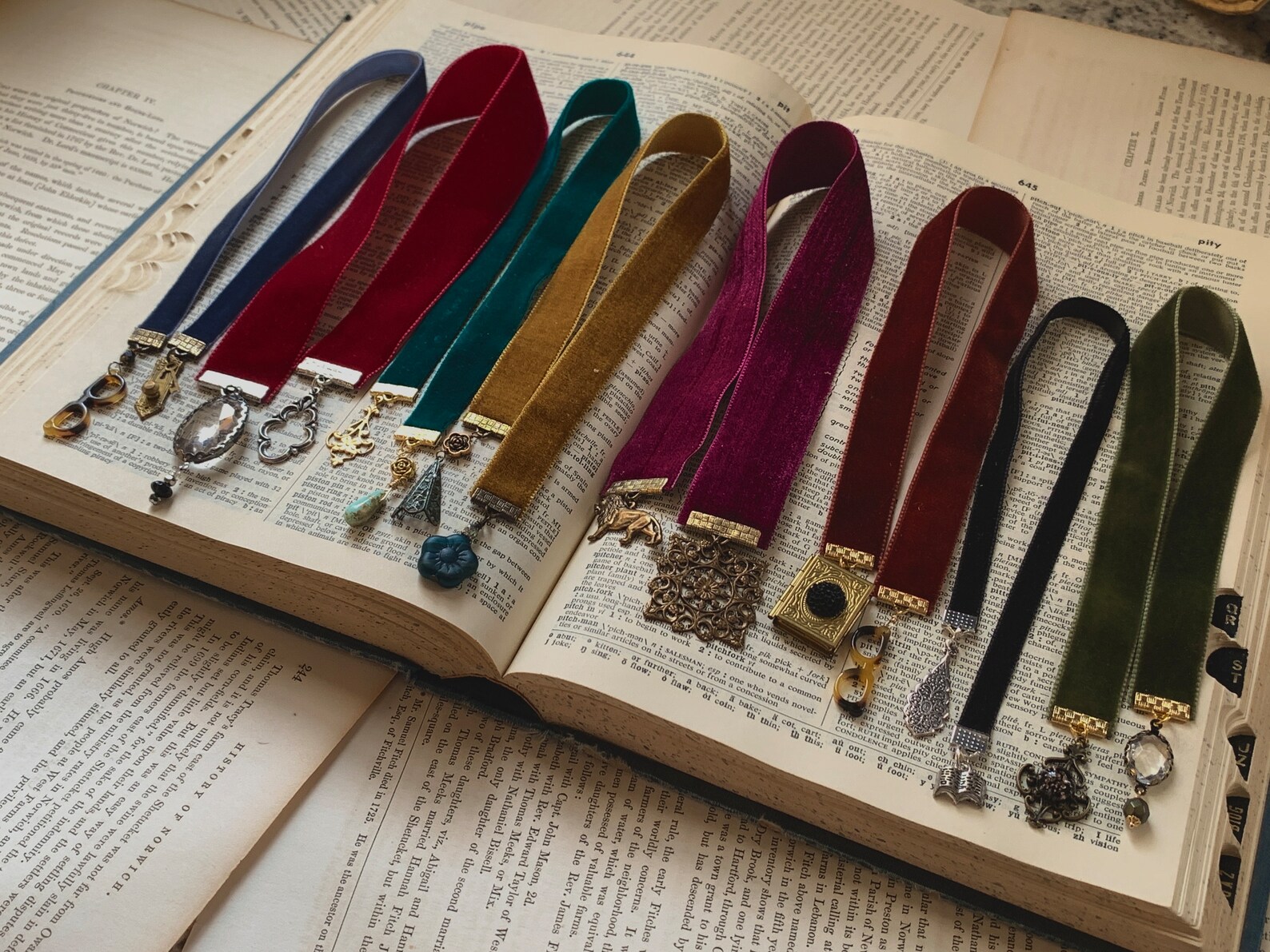 Velvet Ribbon Bookmark With Charms, Velvet Bookmark, Reader Gift ...