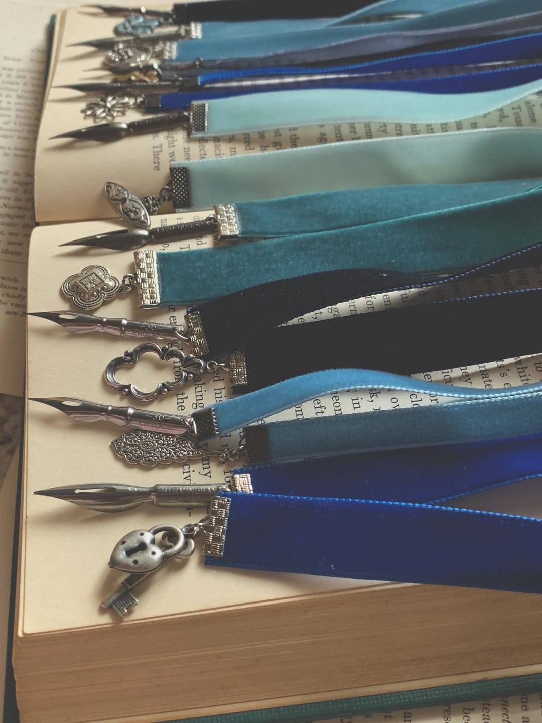 Velvet Ribbon Bookmarks With Vintage Pen Nibs in Hues of Blue ...