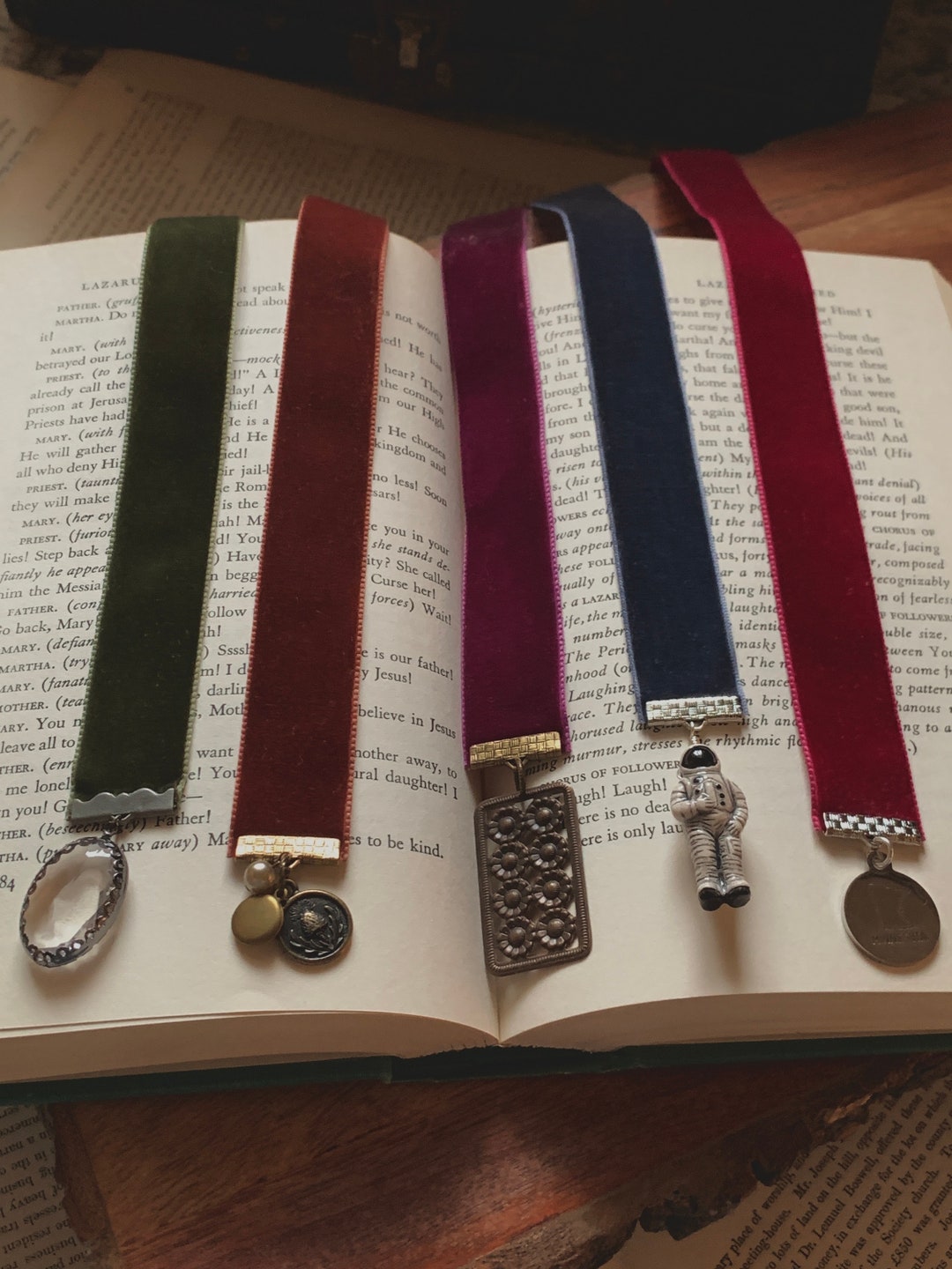 Velvet Ribbon Bookmark With Charms, Velvet Bookmark, Reader Gift ...