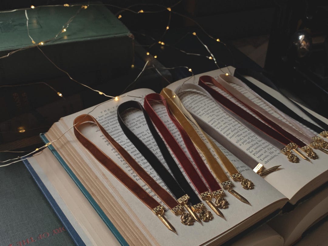 Velvet Ribbon Bookmarks With Vintage Gold Pen Nib & Brass Flower ...