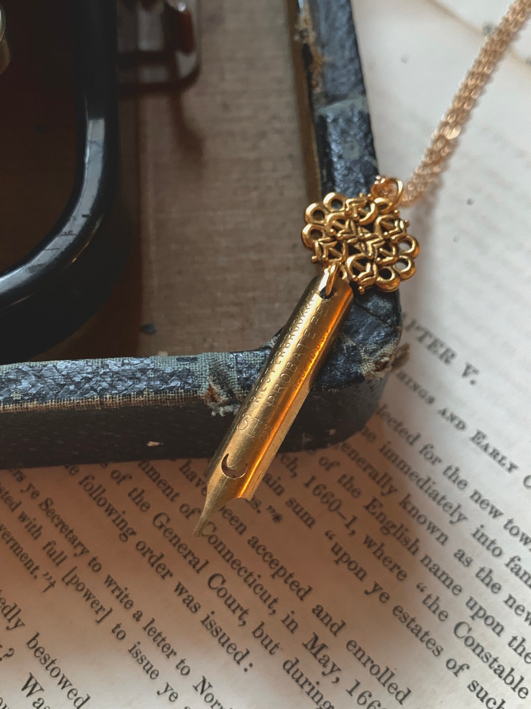 Gold Tone Brass Vintage Fountain Pen Necklace, Pen Nib Necklace ...