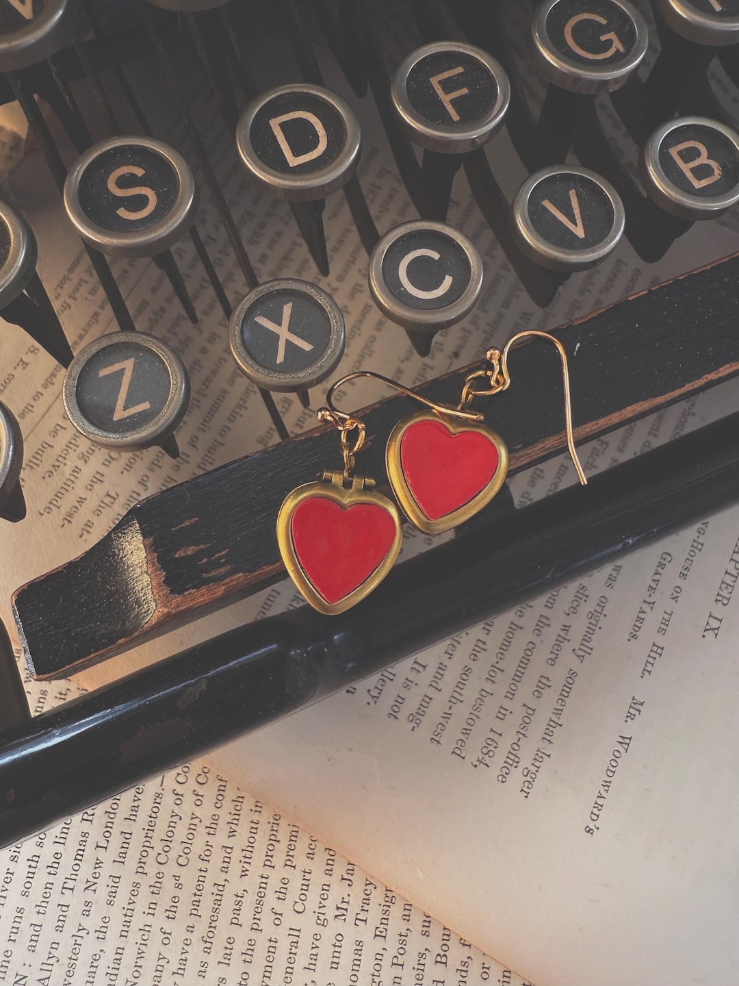 Shiny Red Heart Locket Earrings, Raw Brass Lover Hearts, Romantic ...